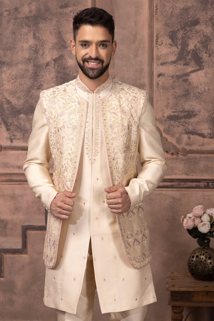 Cream Designer Jacket Style Indowestern Set For Men – paanericlothing