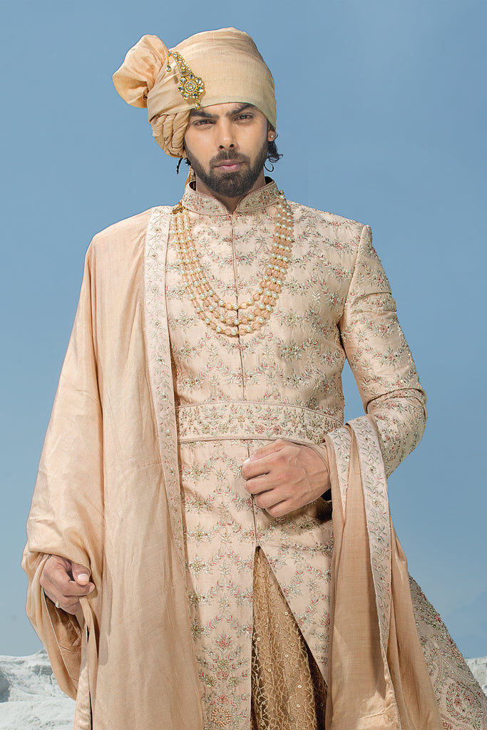 Brown Golden Raw Silk Layered Mughal Style Sherwani For Men ...